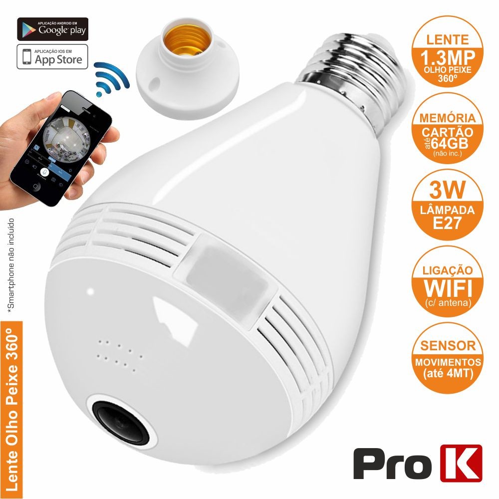 Lâmpada LED E27 C/ Câmara Ip Incorporada Wifi Prok - TecnoMartins.pt